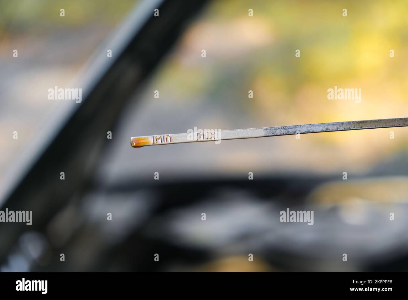 A man checks the oil level in the car engine. Self-service of the car ...