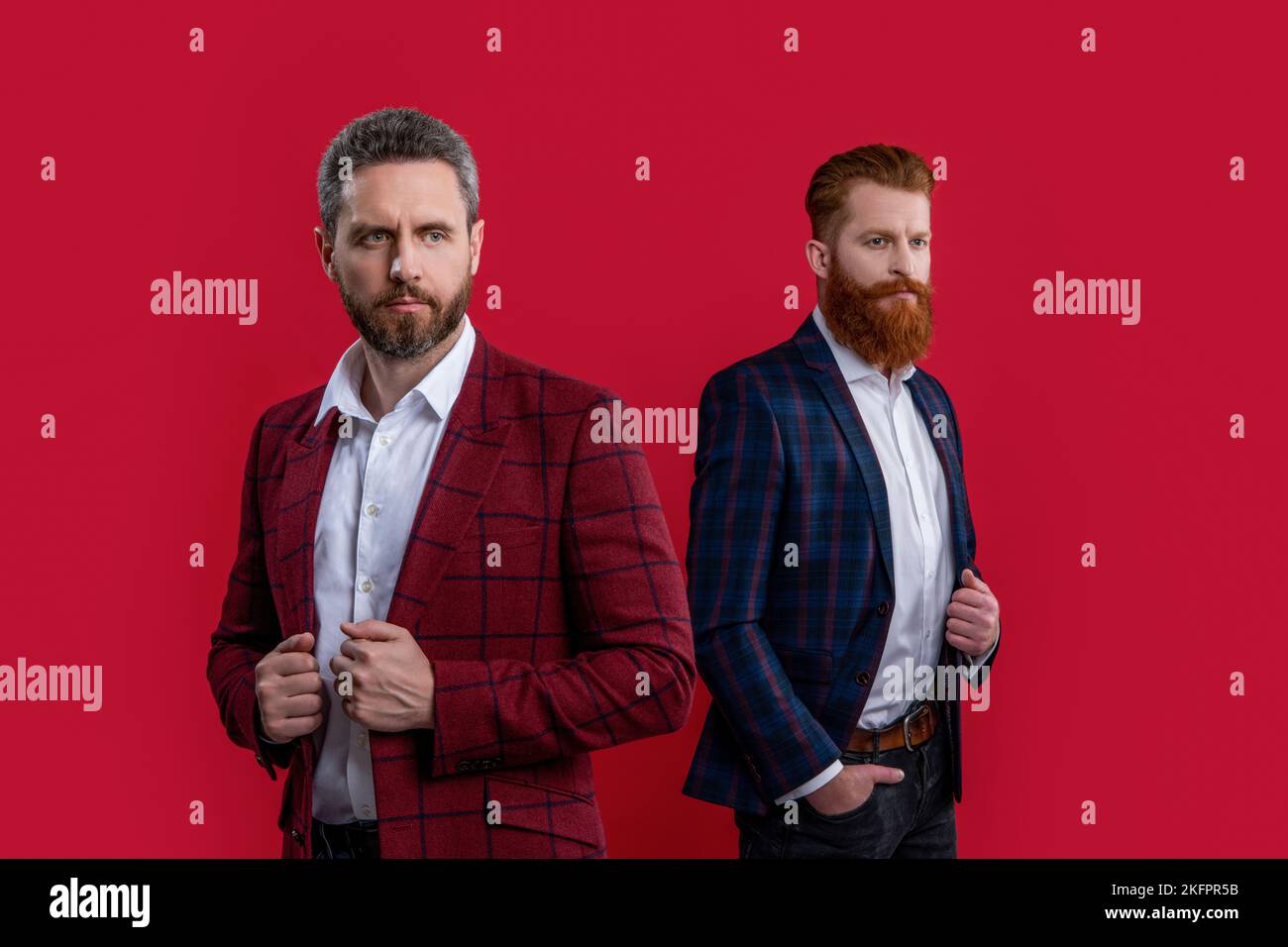 men in menswear isolated on burgundy background. bearded men in ...