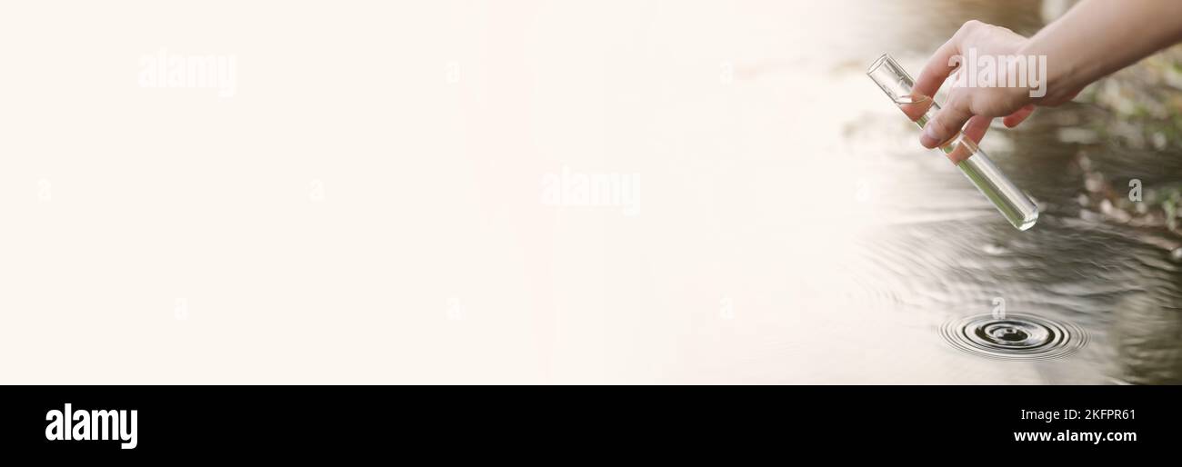 banner Pond water pollution concept. Scientist biologist and researcher ...