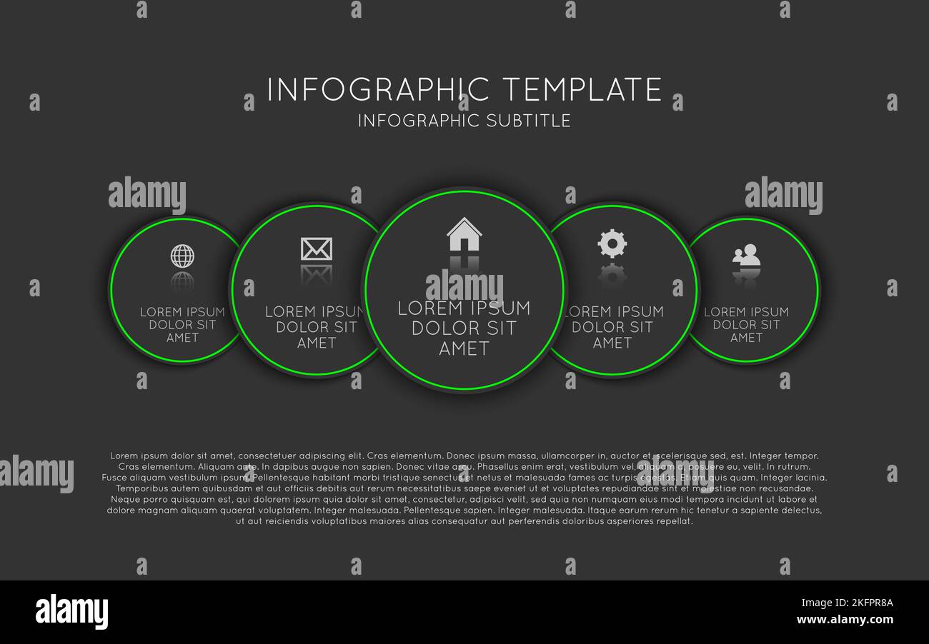 Vector infographic template with five dark circles with icons and ...