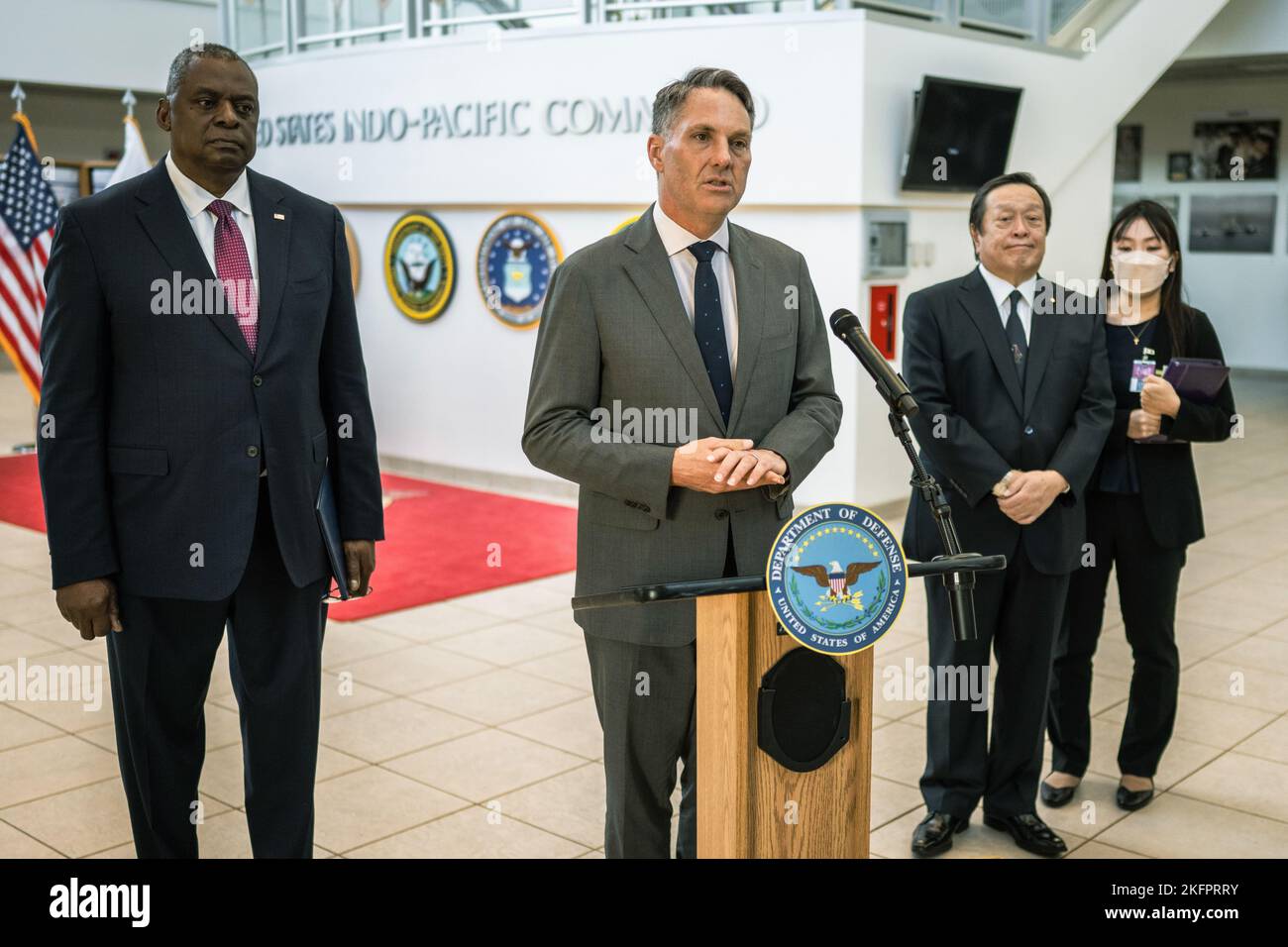 Australian Minister of Defense Richard Marles addresses the media with ...