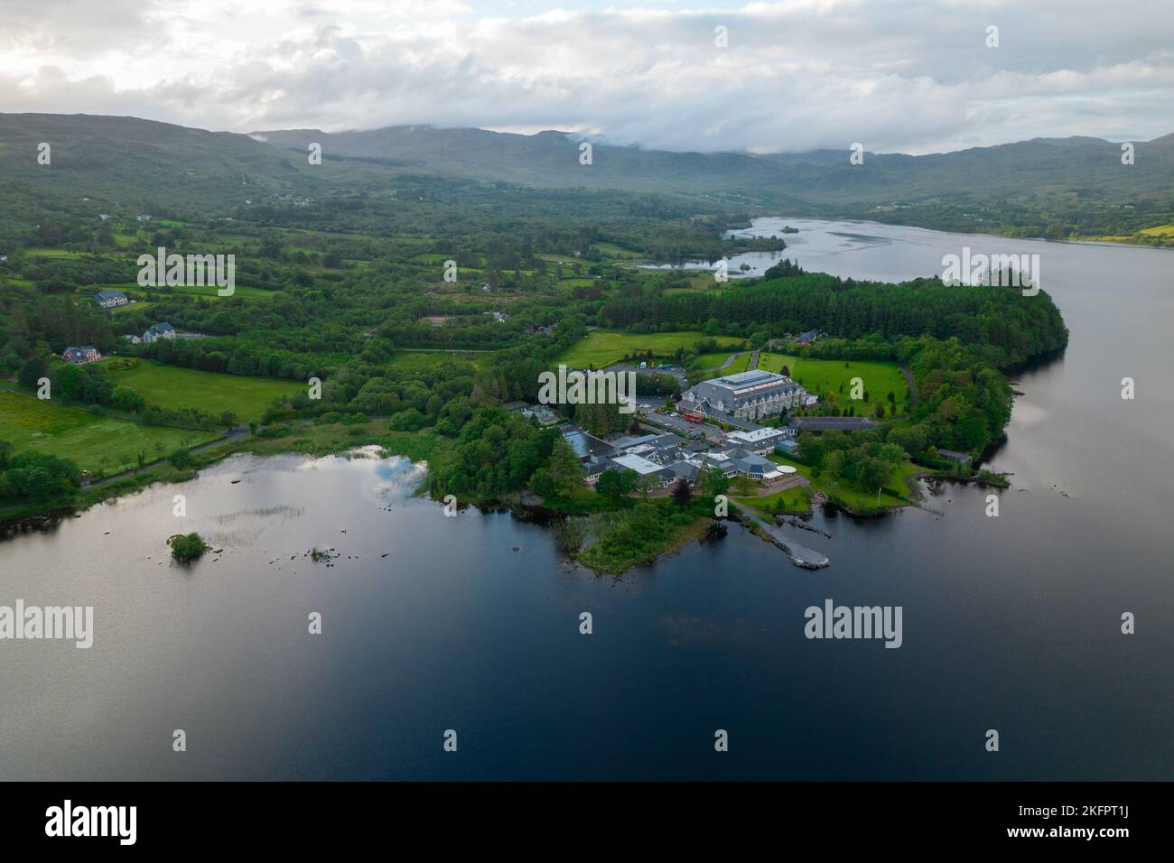 An aerial view of Harveys point hotel on lough eske lake in Donegal ...