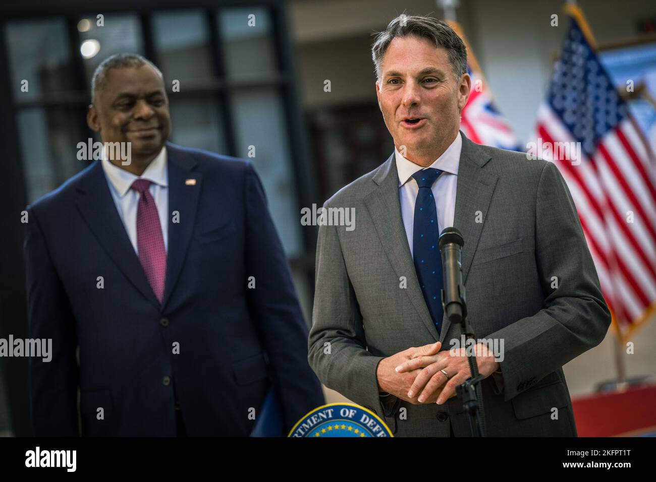 Australian Minister of Defense Richard Marles addresses the media with ...