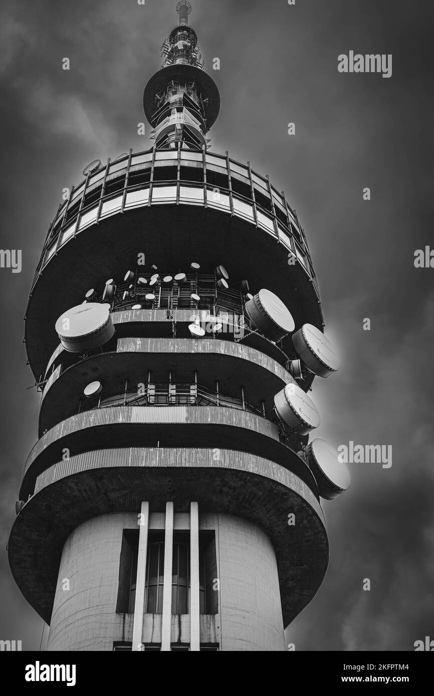 A vertical low angle grayscale of a TV tower, skyscraper stretching to ...