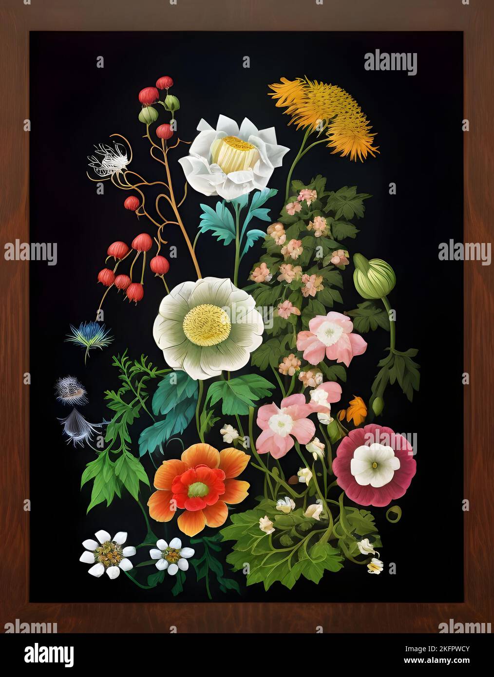 A floral painting on a black background with a wooden frame Stock Photo ...