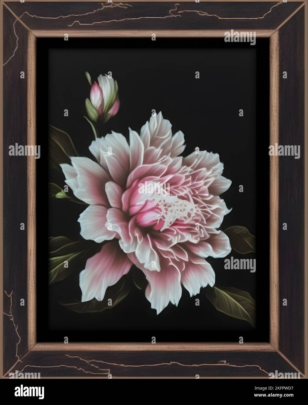A floral painting on a black background with a wooden frame Stock Photo ...
