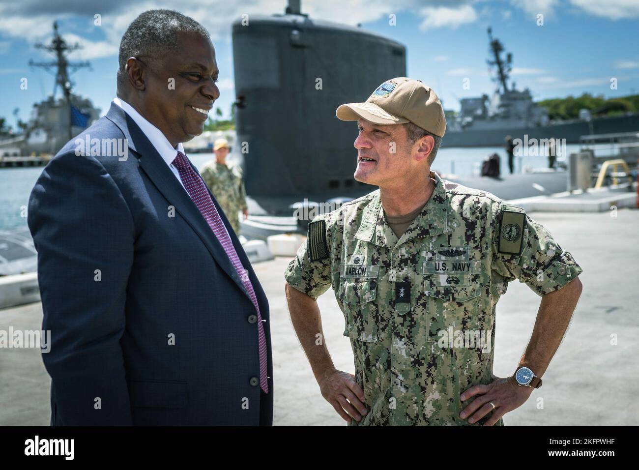 Secretary of Defense Lloyd J. Austin III greets Rear Adm. Jeffery ...