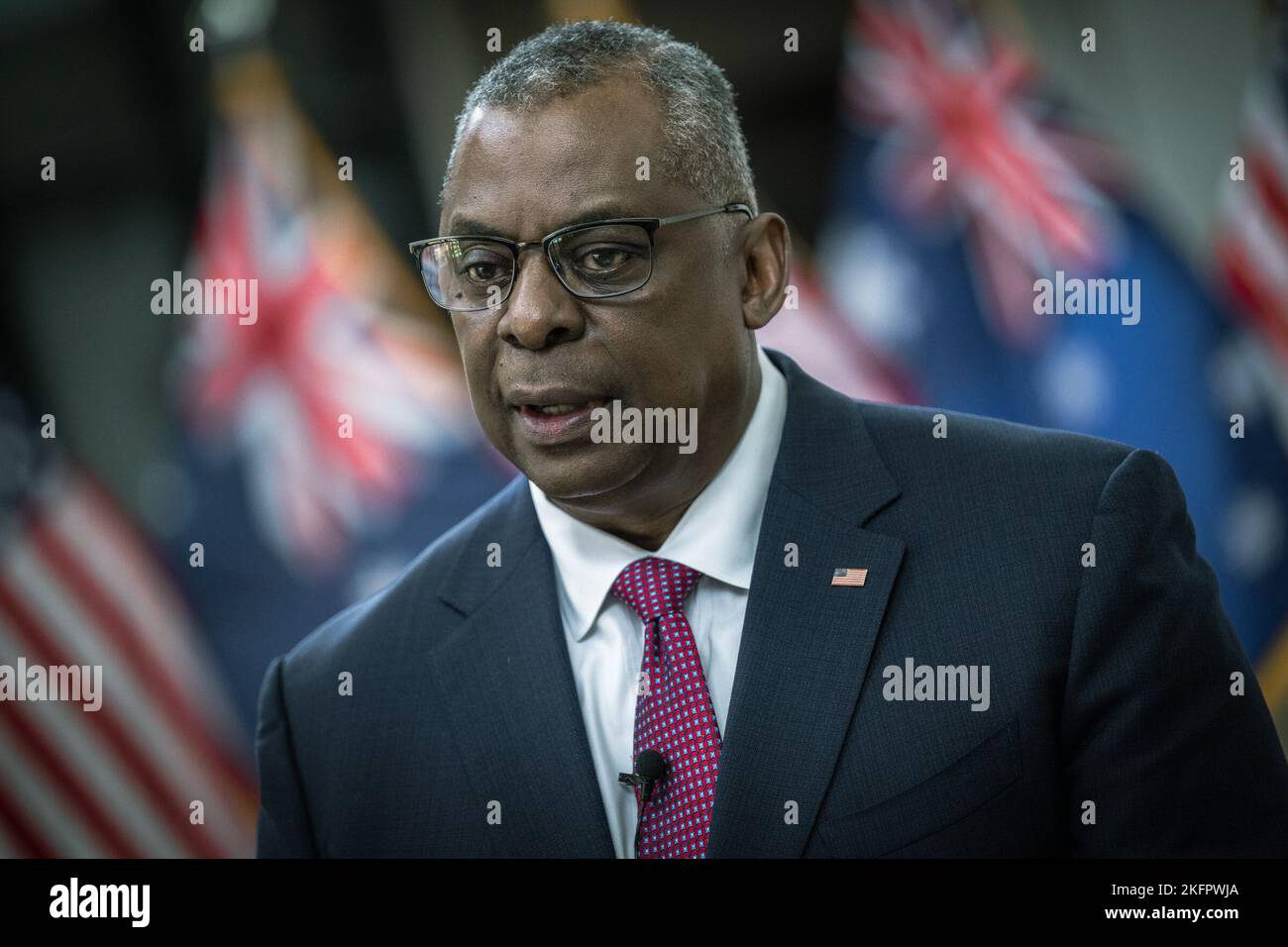 Secretary of Defense Lloyd J. Austin III addresses the media during a ...