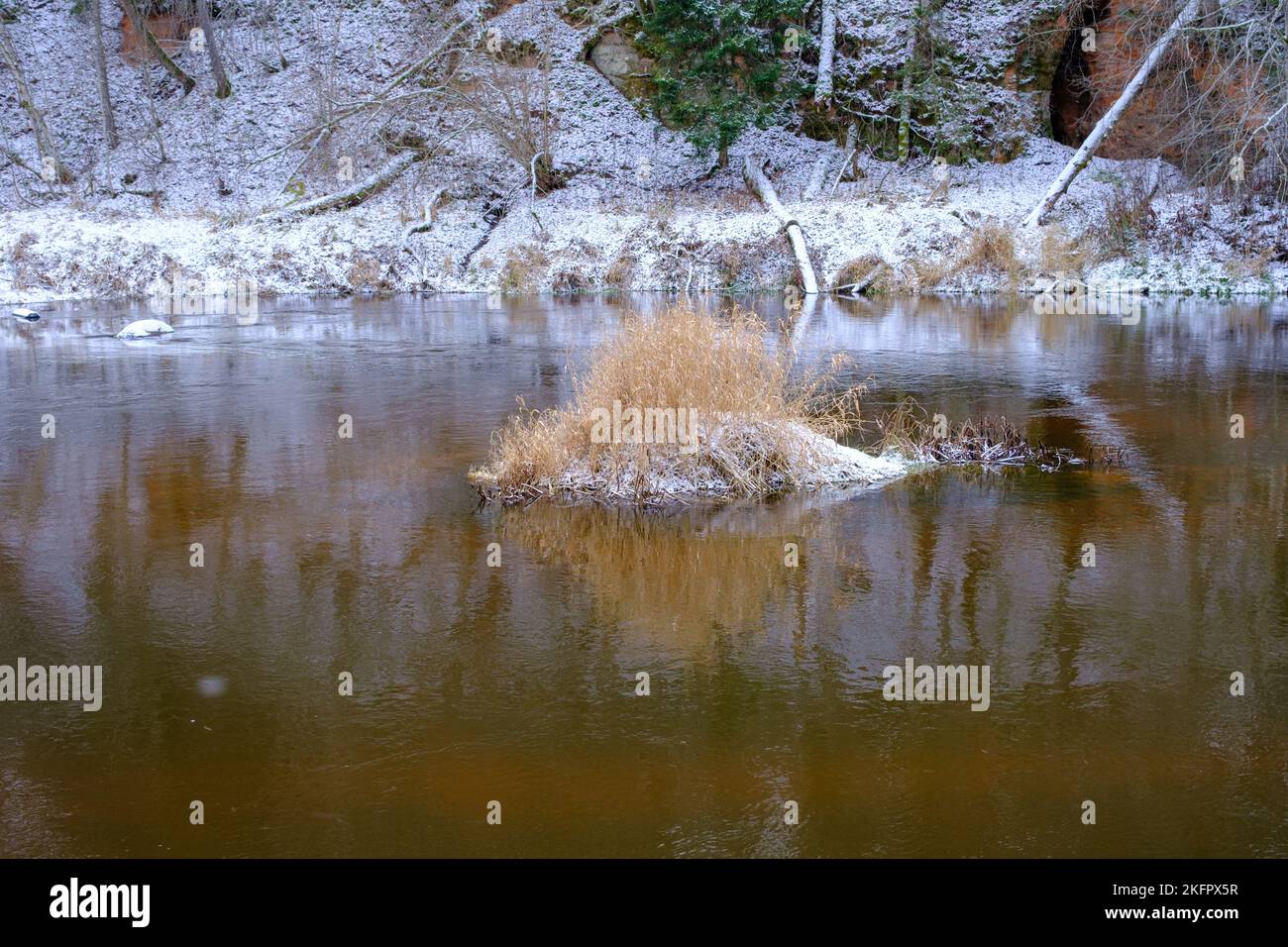 The river Salaca is meandered by high sandstone cliffs. Skanaiskalns ...