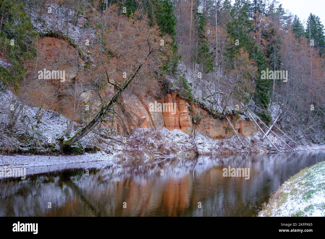 The river Salaca is meandered by high sandstone cliffs. Skanaiskalns ...