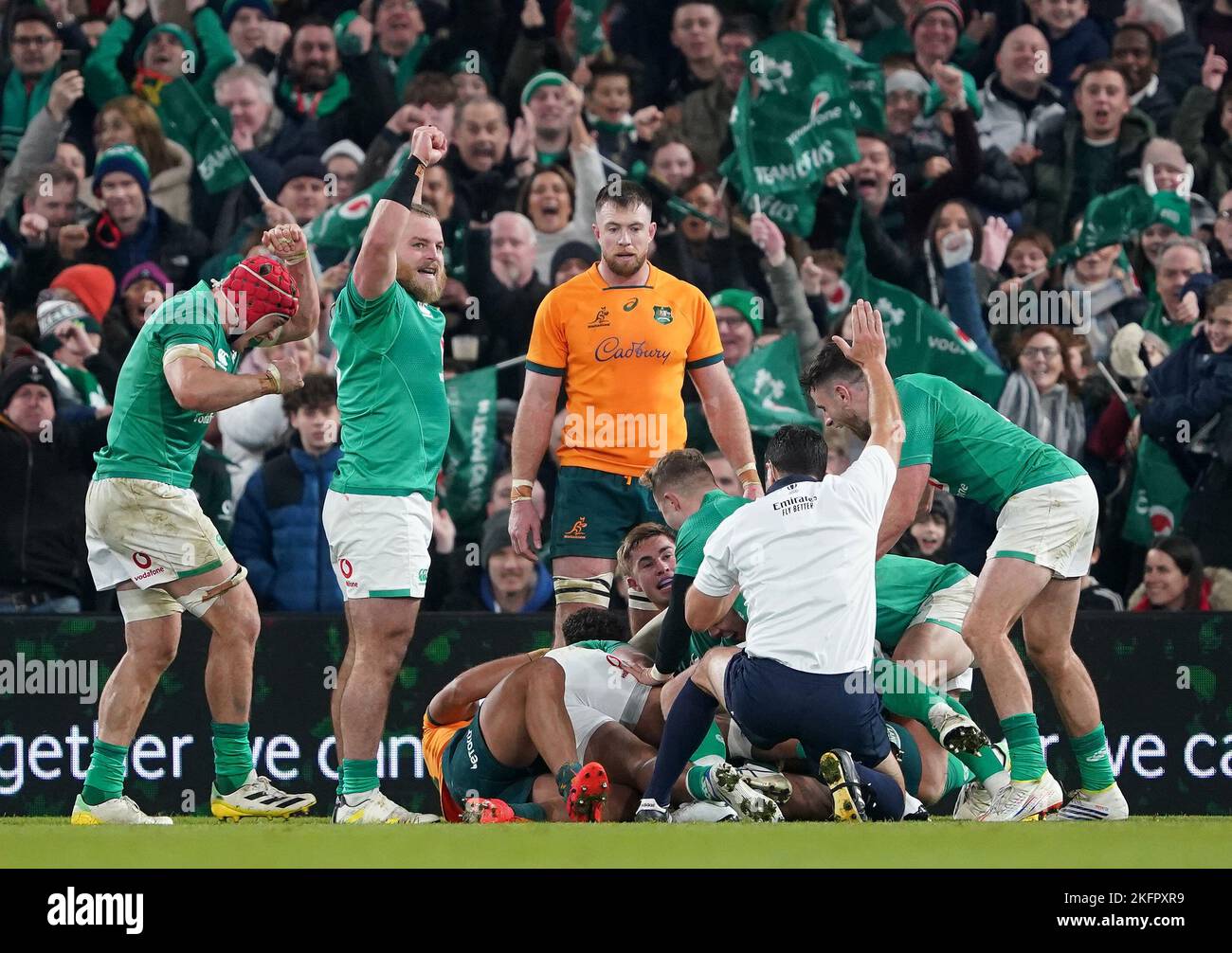 The referee signals a try for Ireland's Bundee Aki during the Autumn ...