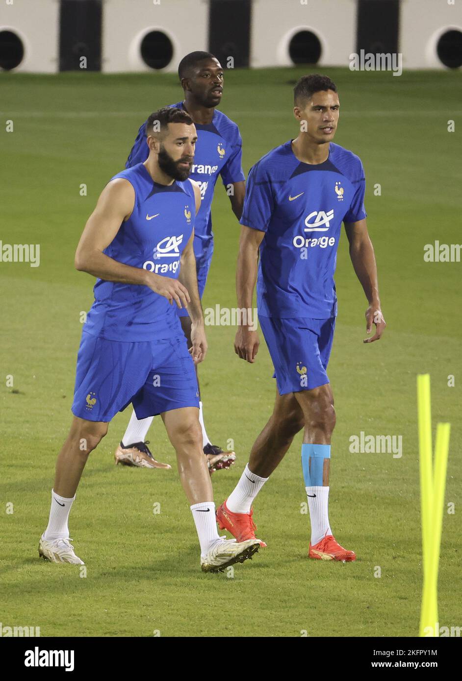 Doha, Qatar - November 19, 2022, Karim Benzema, Raphael Varane, behind ...