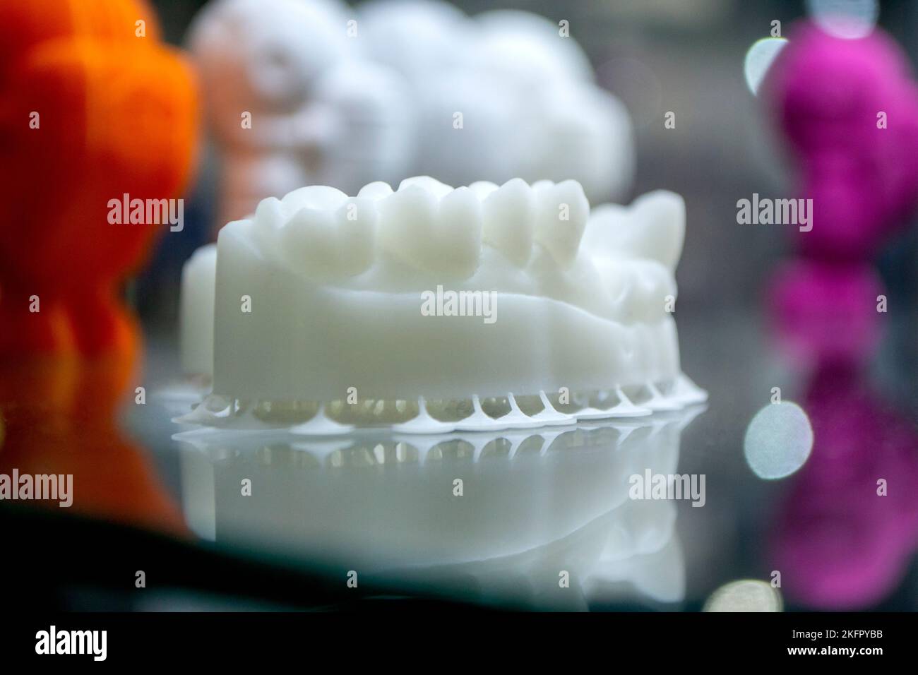 White object 3D printed from plastic close-up. New 3D printing ...