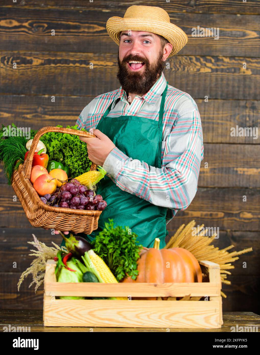 Fresh organic vegetables in wicker basket and wooden box. Farmer straw ...
