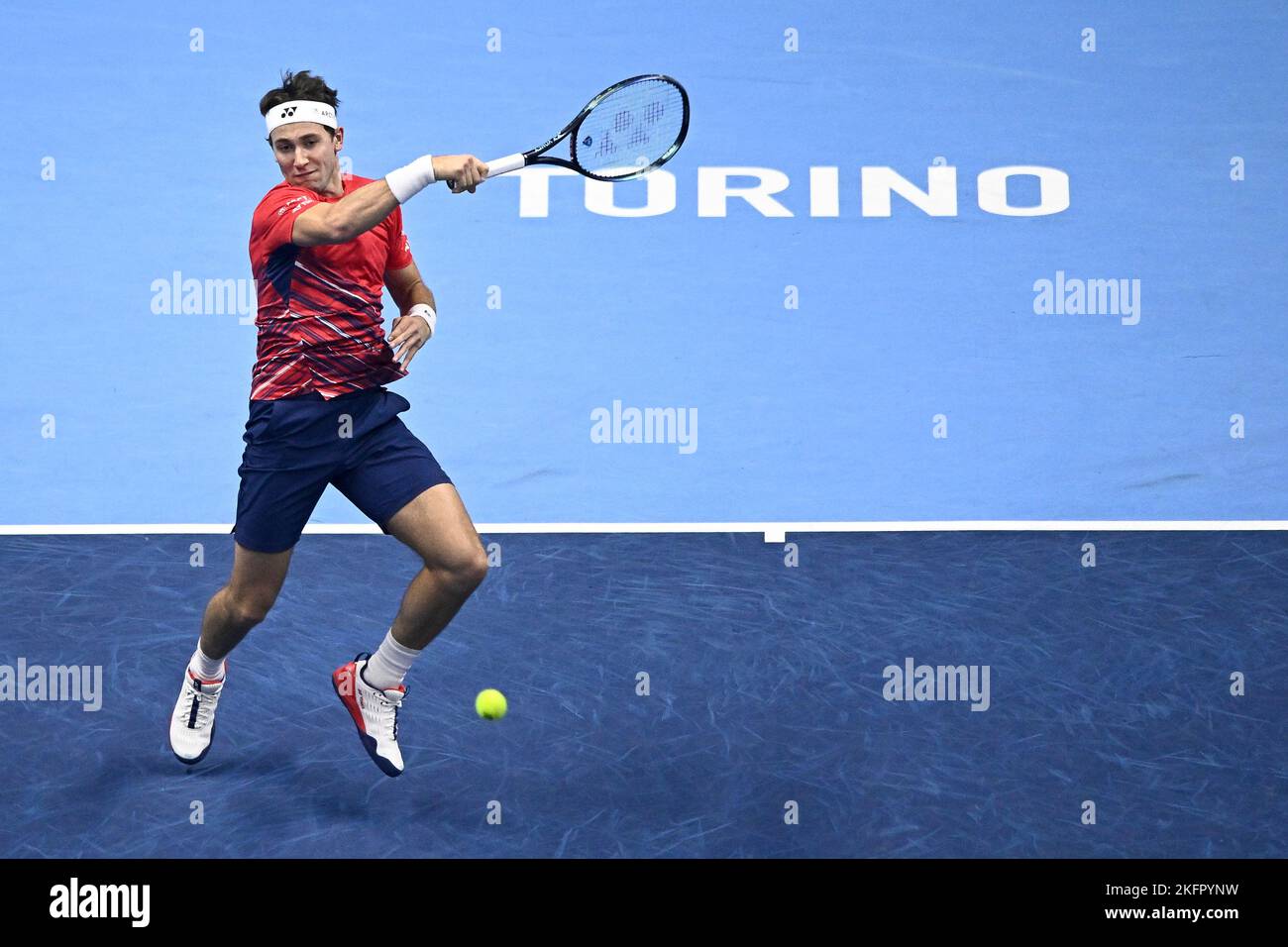 Turin, Italy. 19 November 2022. Casper Ruud of Norway plays a forehand ...