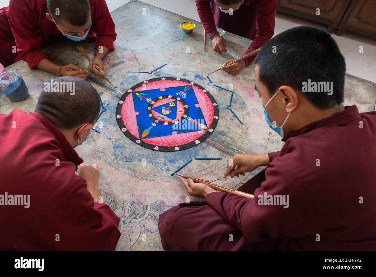 Young monks from Shechen Tennyi Dargyeling Monastery create a sand ...
