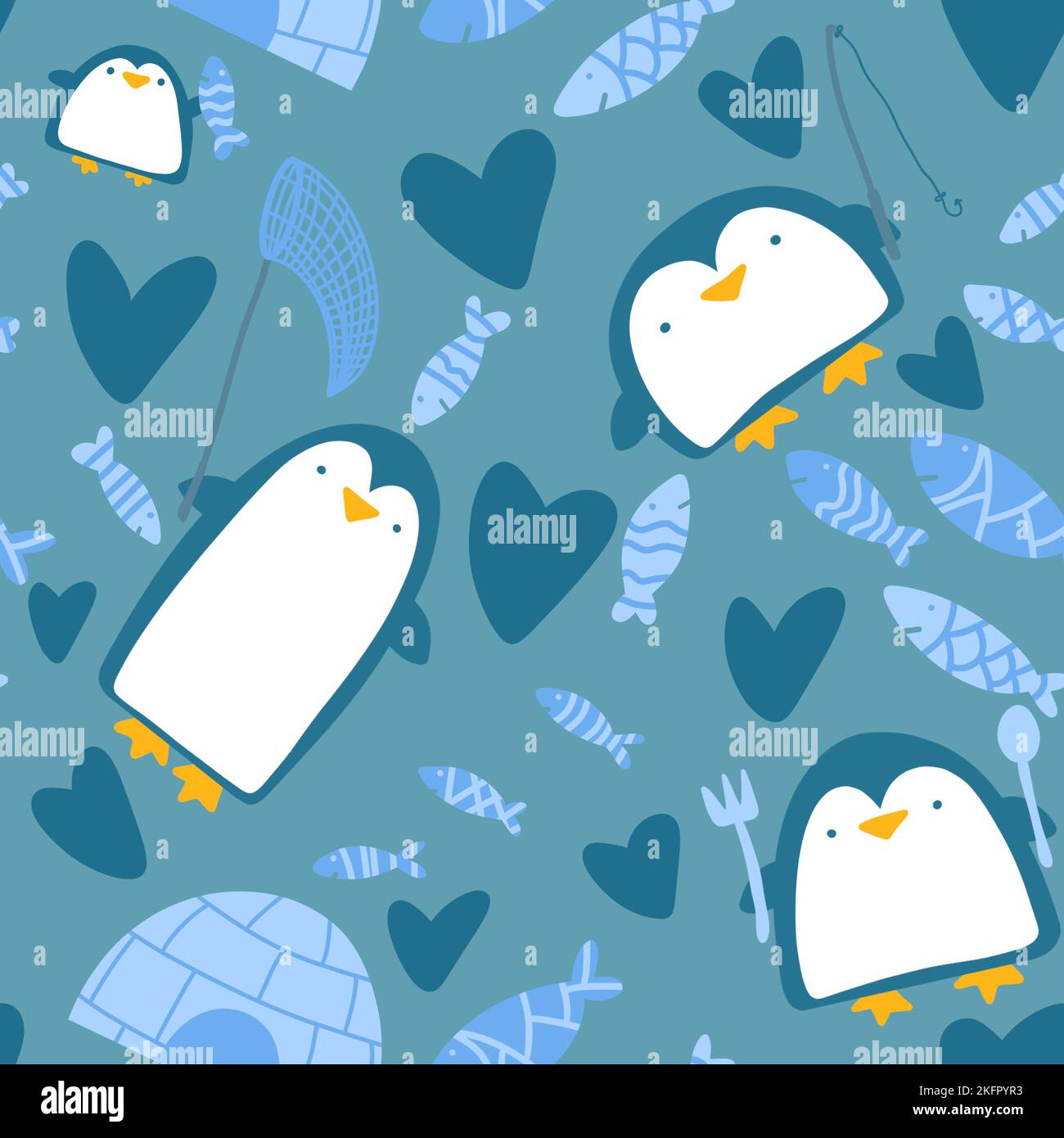 Winter animals seamless penguin cartoon kawaii Christmas fish pattern ...