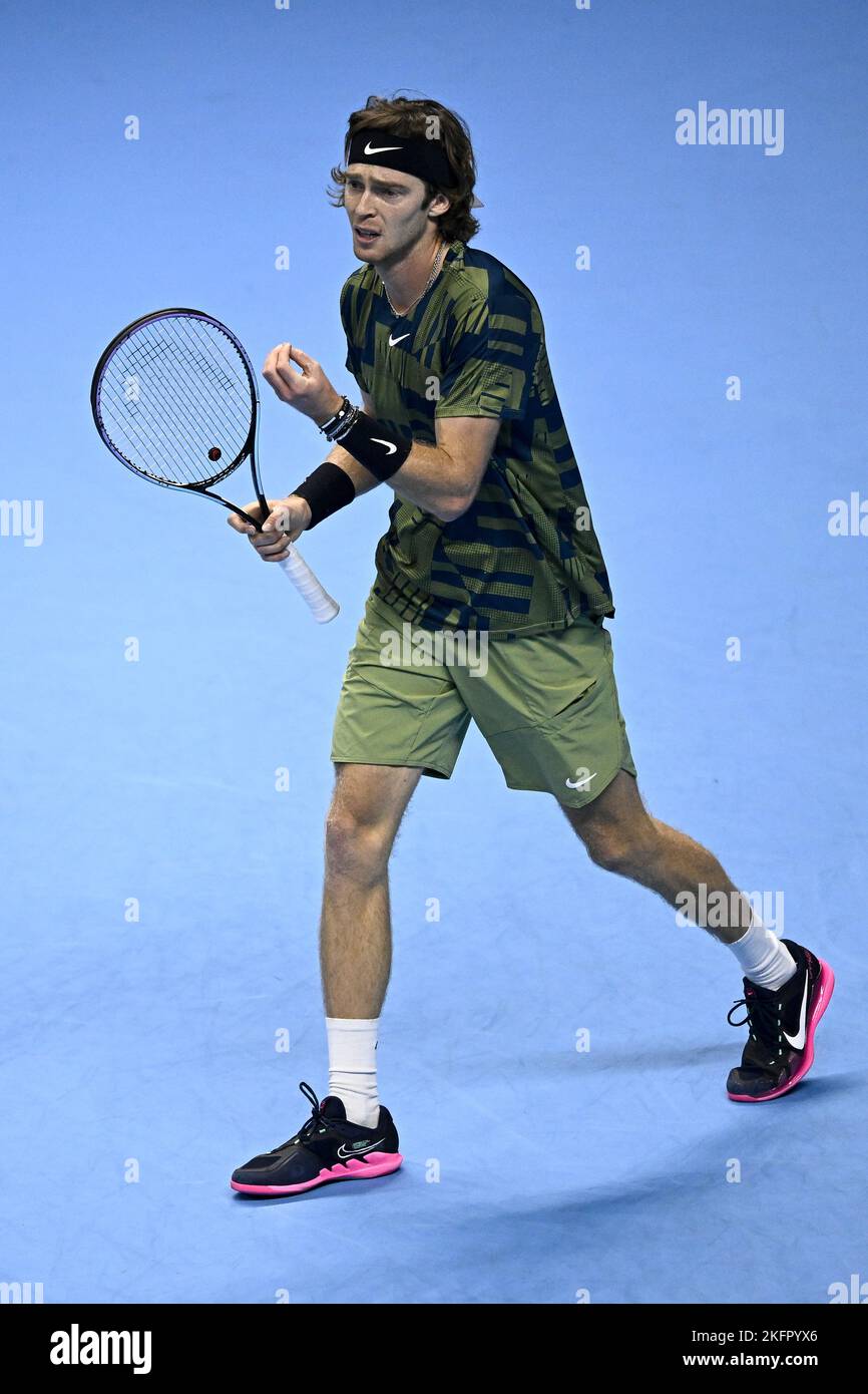 Turin, Italy. 19 November 2022. Andrey Rublev of Russia looks dejected ...
