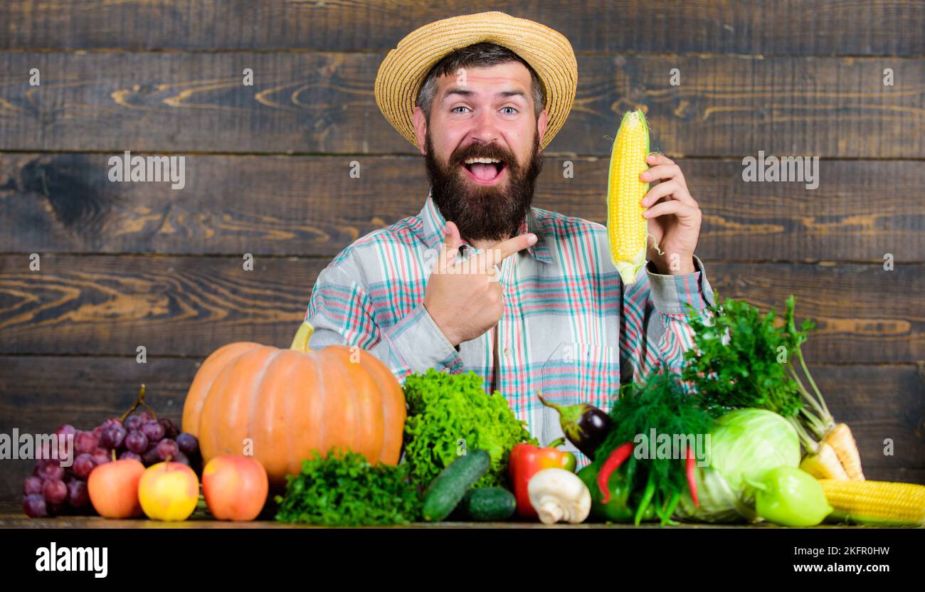 Farmer with homegrown harvest. Farmer rustic villager appearance. Grow ...