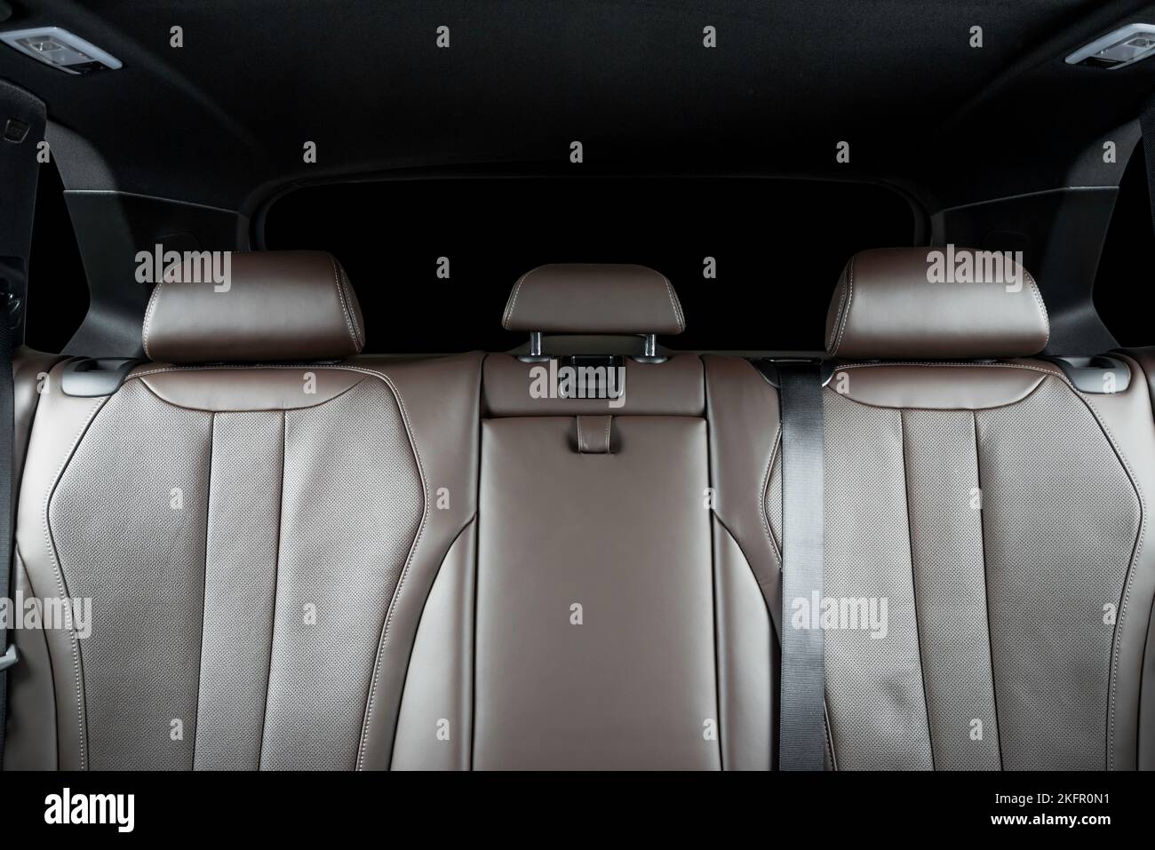 Back passenger seats in modern luxury car, frontal view, brown ...