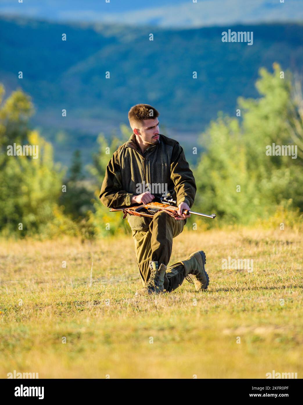Hunting as male hobby and leisure. Hunter khaki clothes ready to hunt ...