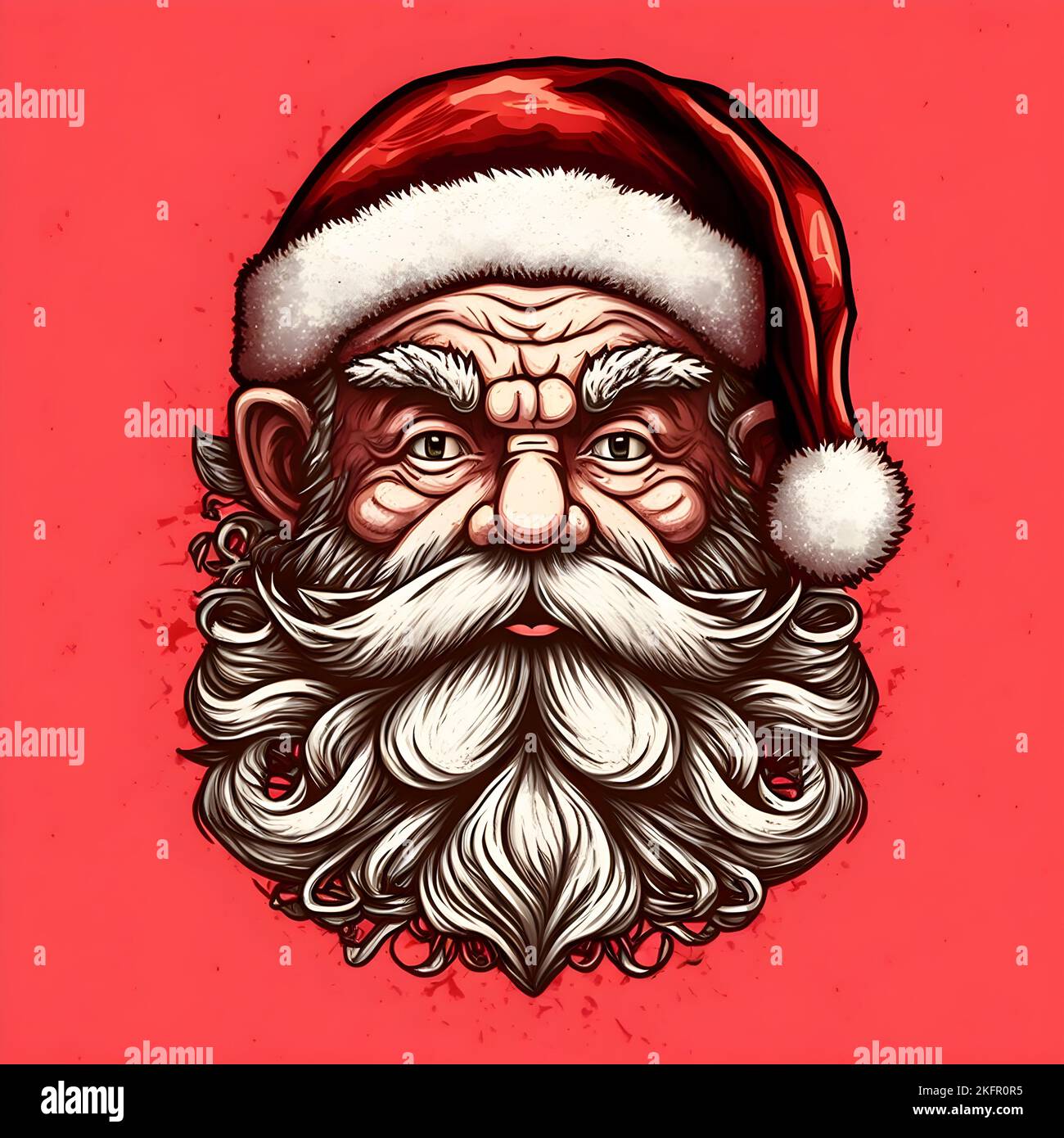 A digital illustration of a cartoon wrinkly Santa Claus face on a red ...