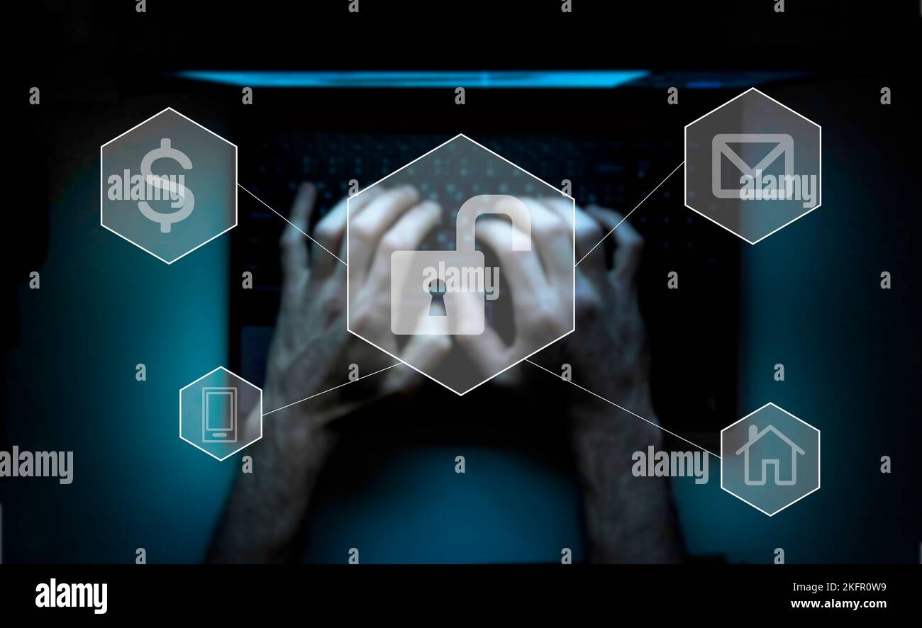 Top view of the hands of a programmer on his laptop. Network security ...