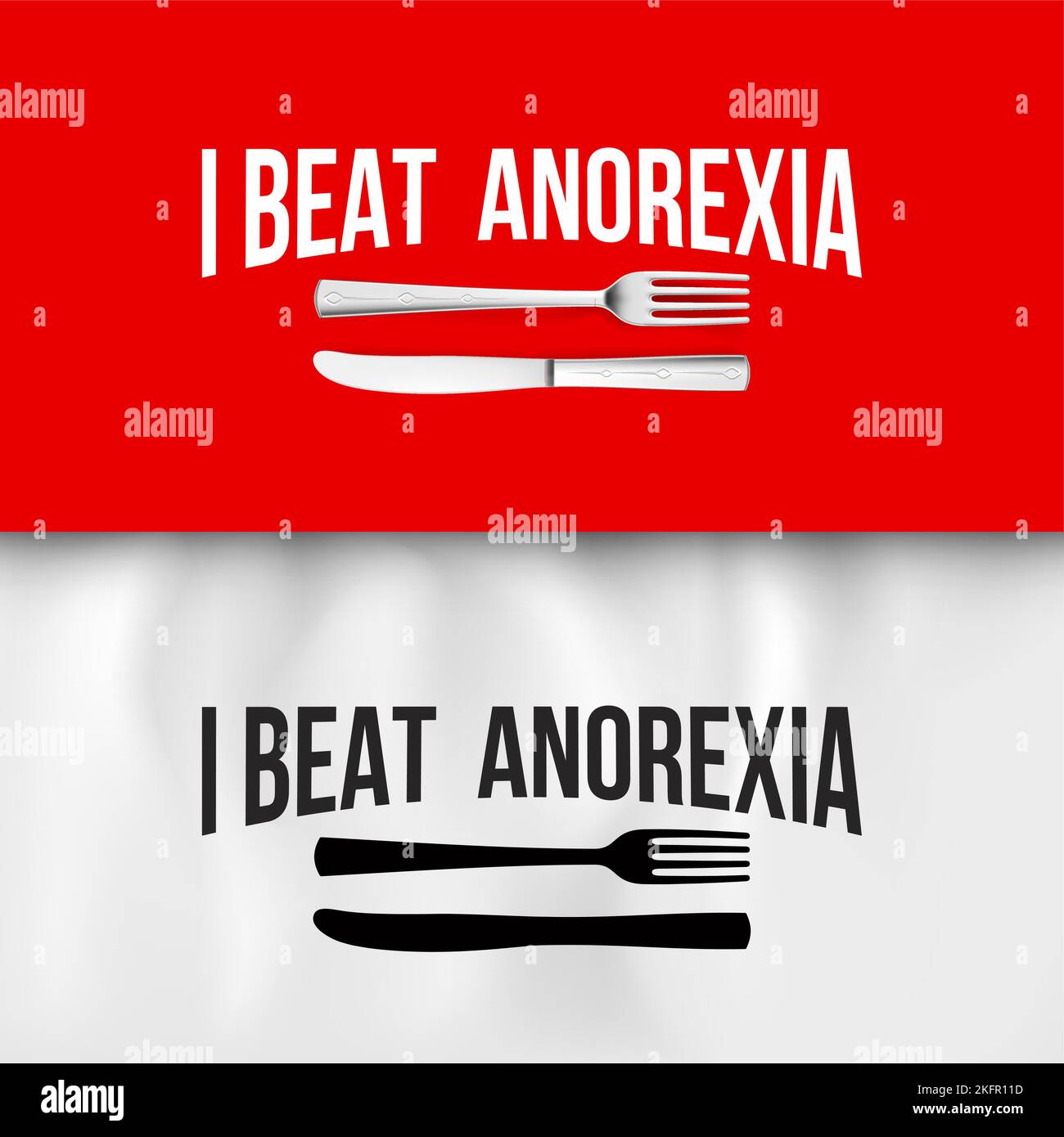I Beat Anorexia: Ironic Slogan with Fork and Knife on White and Red ...