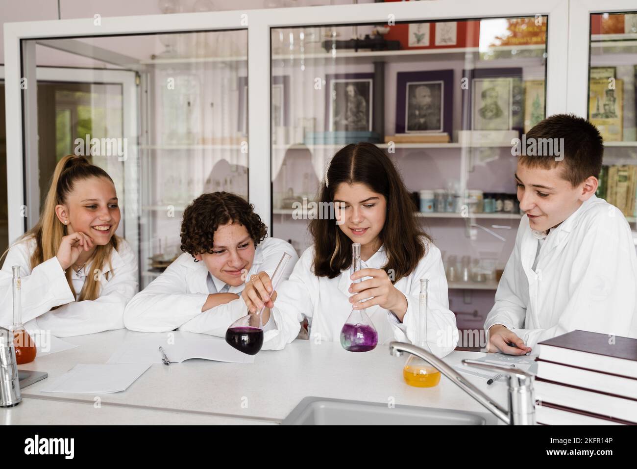 Education. Chemical experiments at a chemistry lesson at school ...