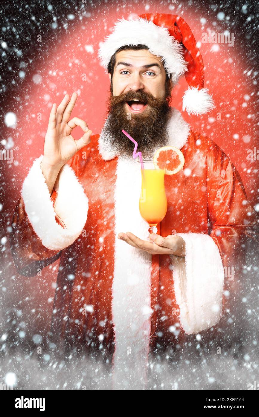handsome bearded santa claus man with long beard on happy face holding ...