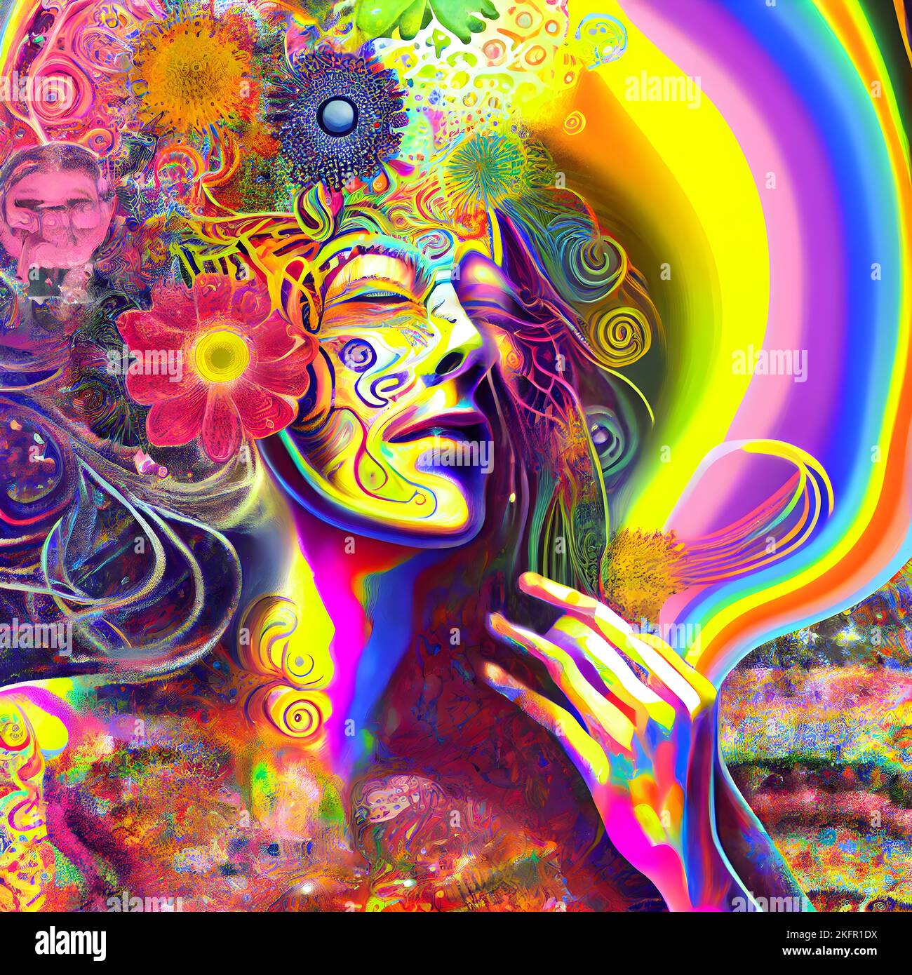 A digital render of a colorful rainbow psychedelic background of a ...
