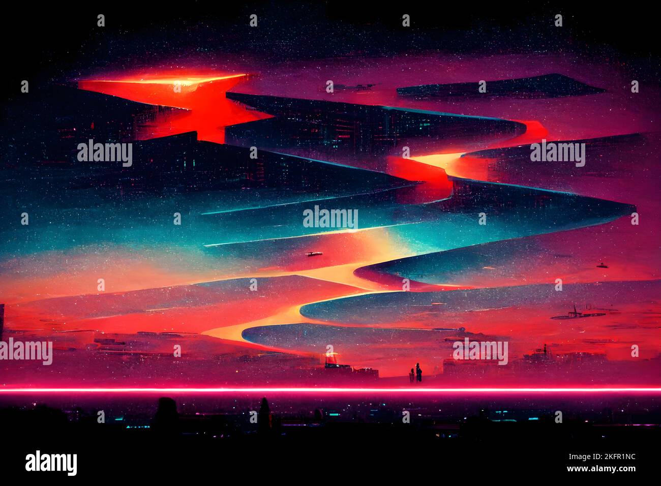 A digital render of a colorful bright sunset synthwave background for ...
