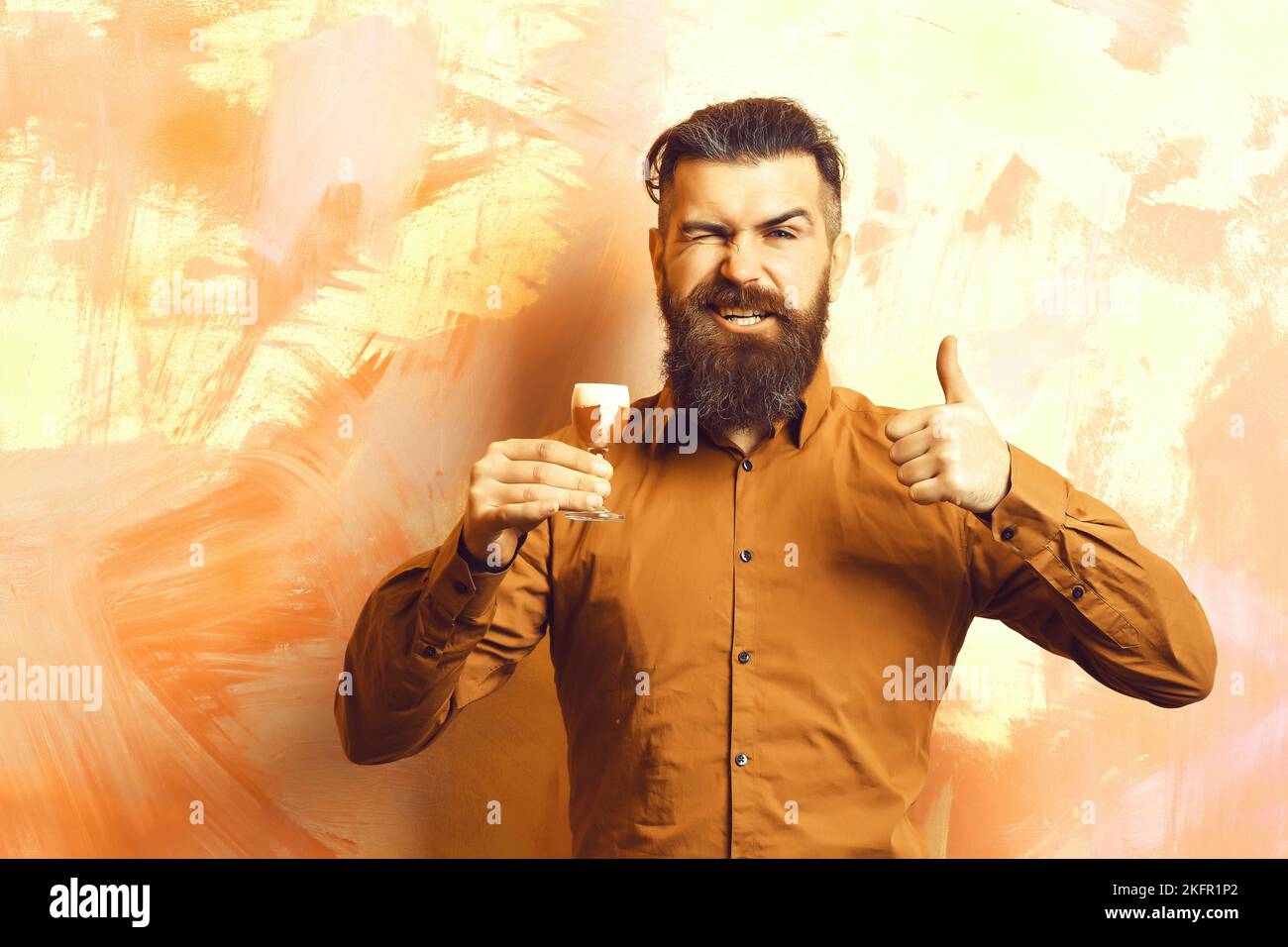 Bearded man, long beard. Brutal caucasian smiling happy hipster with ...