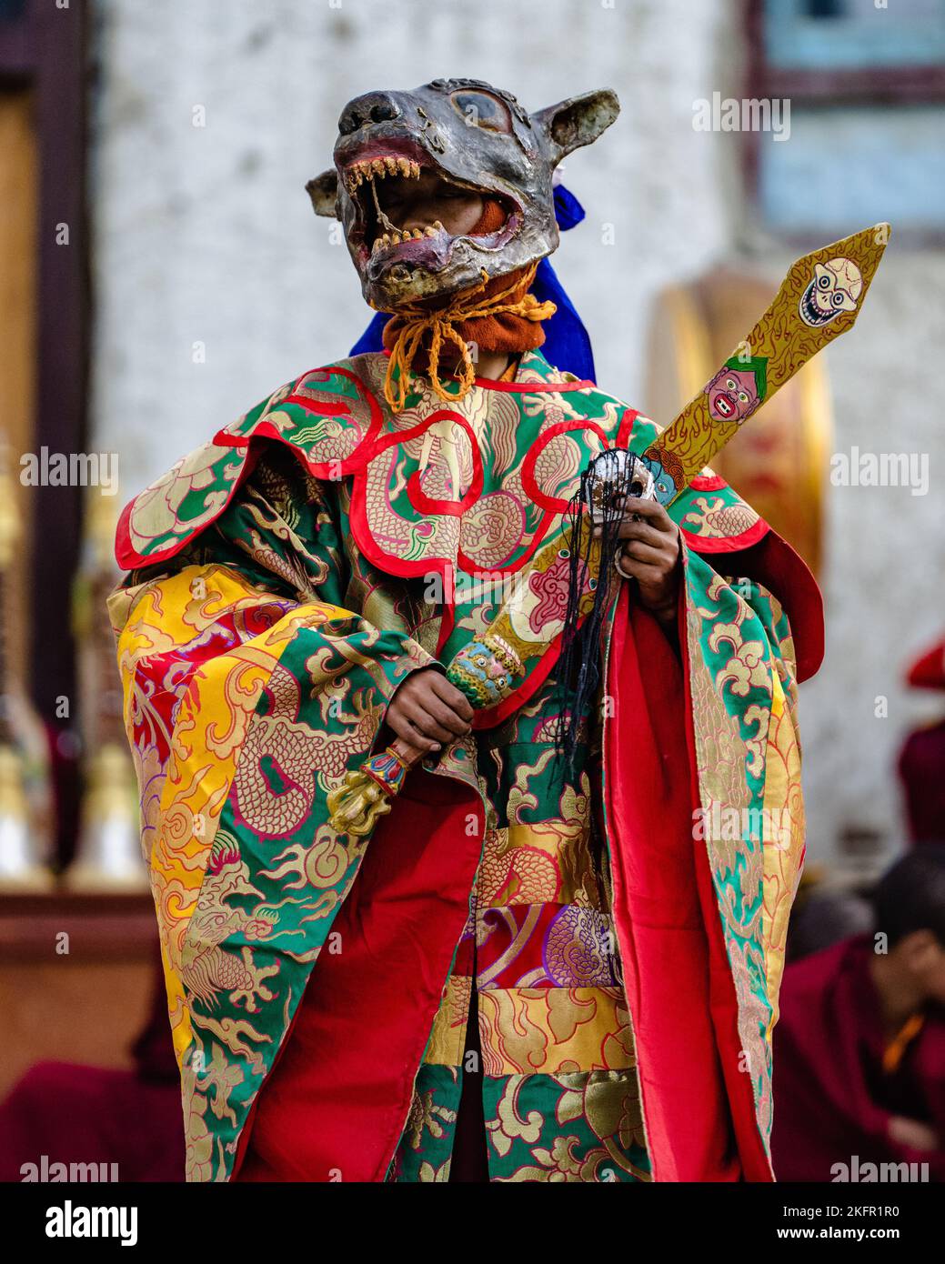 A monk Tibetan Buddhist in demon ghost outfit Dancing at the Tiji ...
