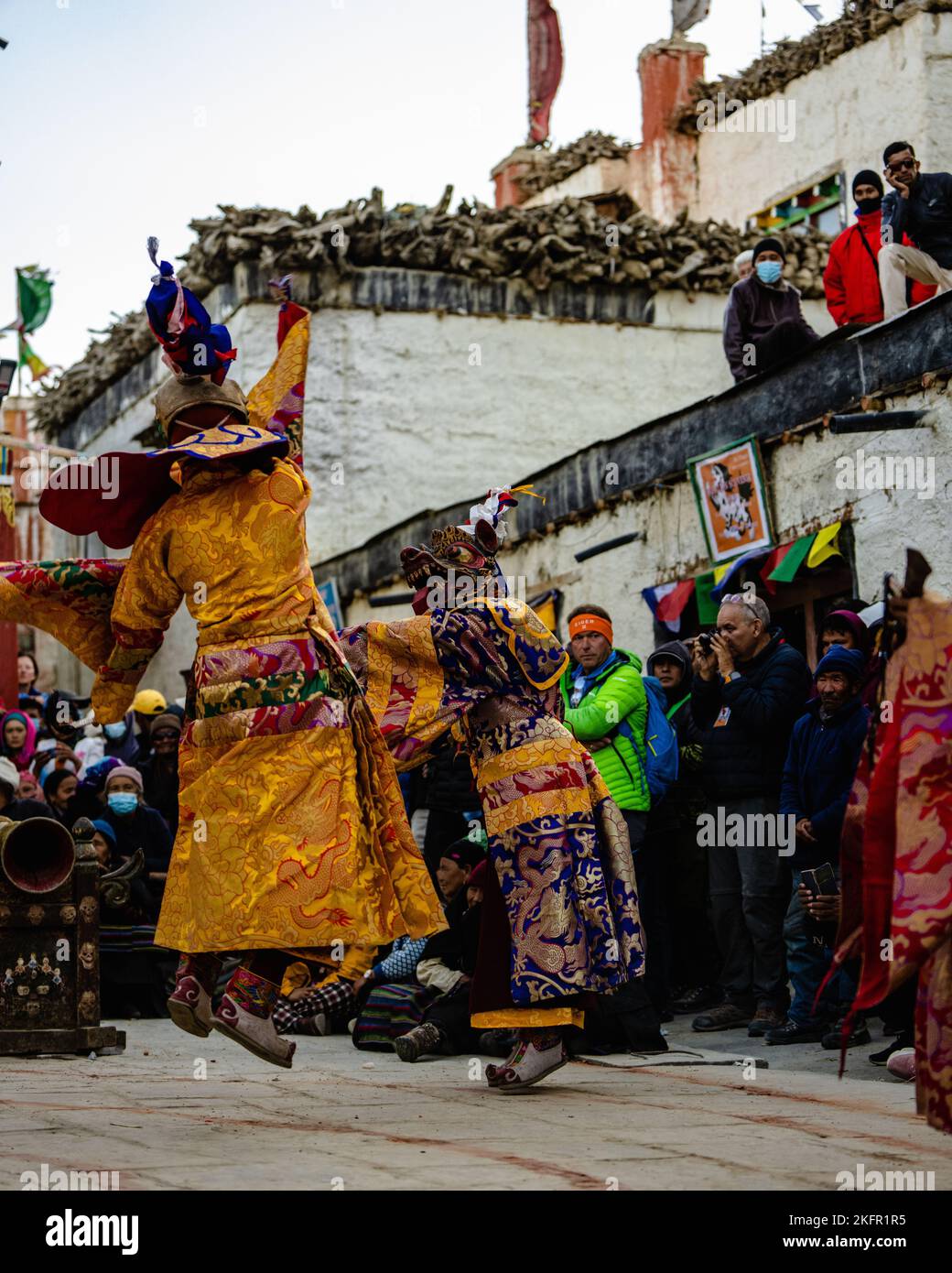 Two Tibetan Buddhist monks in traditional demon ghost outfit Dancing at ...