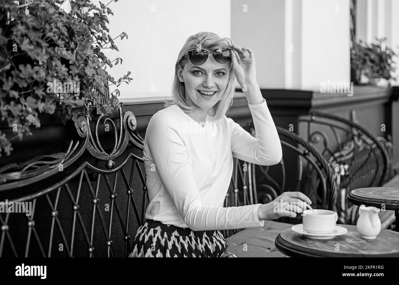 Woman happy cheerful face have drink cafe terrace outdoors. Girl drink ...