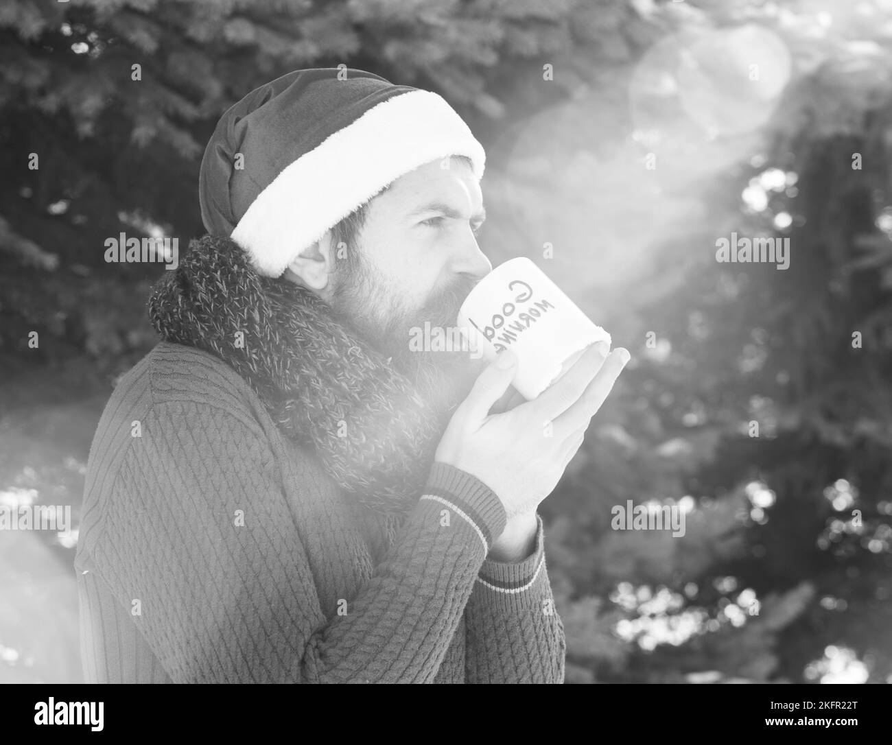 Handsome man in santa claus hat, bearded hipster with beard and ...