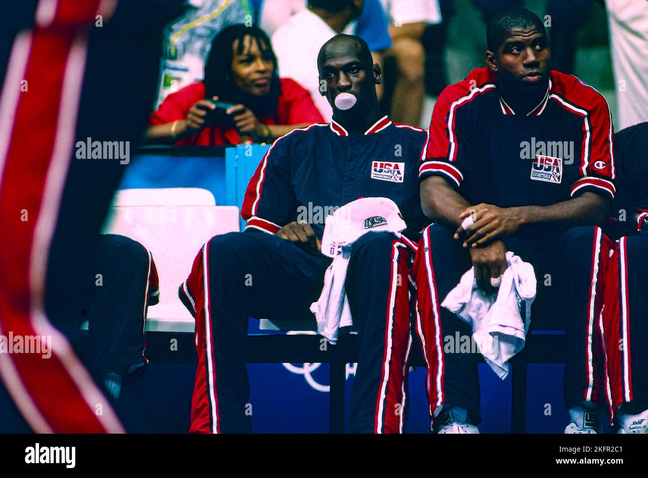 Michael Jordan and Magic Johnson (USA) competing at the 1992 Olympic ...
