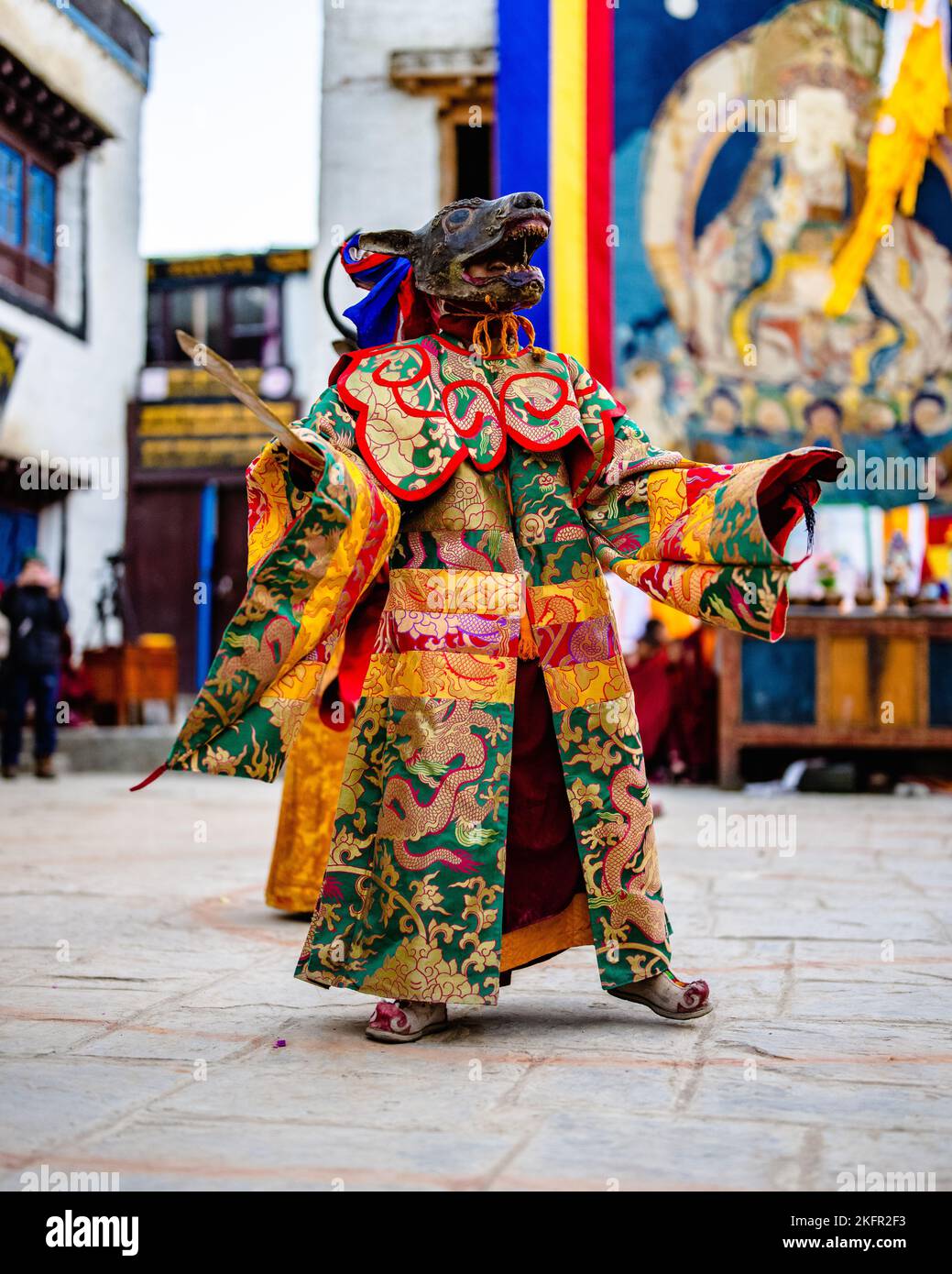 A monk in traditional demon ghost clothing performing Ritual Dance at ...