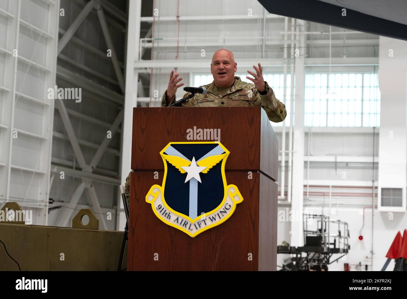 Lt. Col. Richard Cox, 911th Maintenance Group commander, gives a speech ...