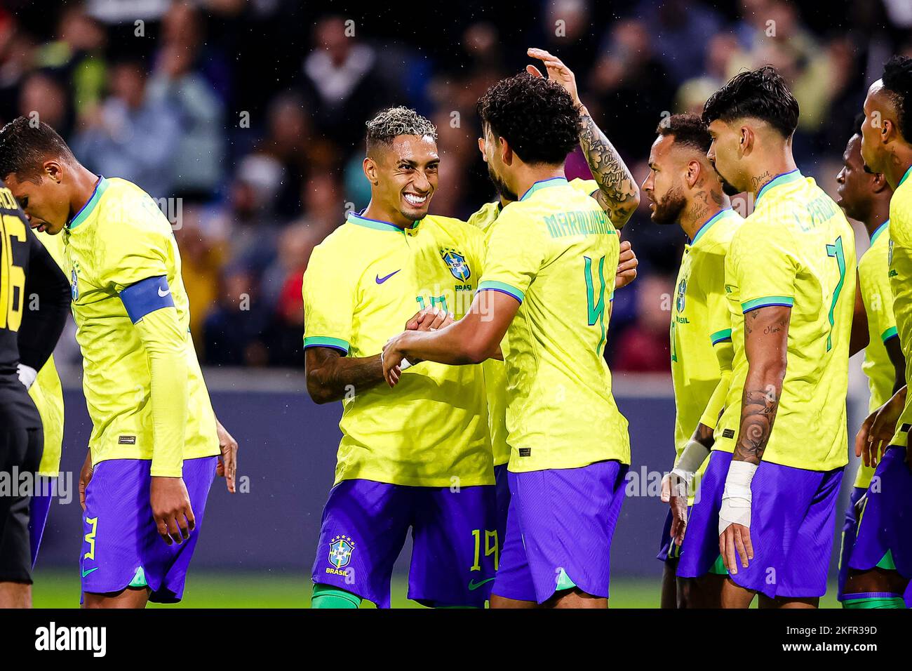 Le Havre, France - September 23: Marcos Correa of Brazil (C) celebrating his goal with his ...