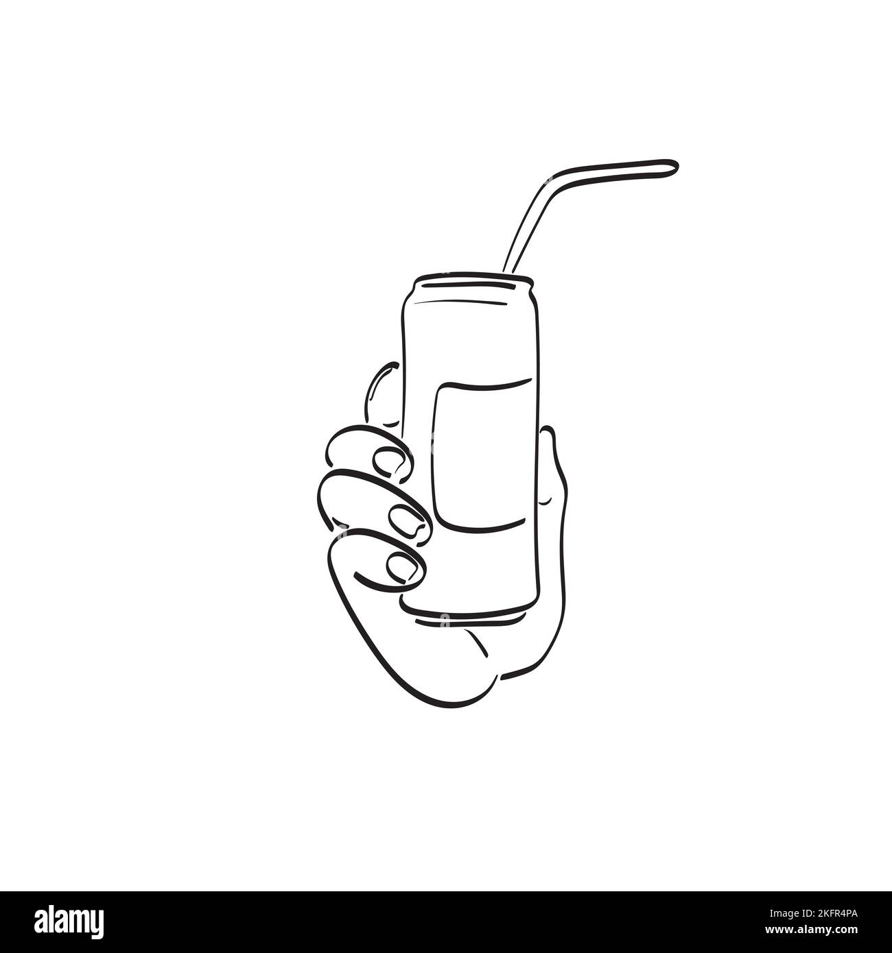 closeup hand holding tin can of cola with straw illustration vector ...