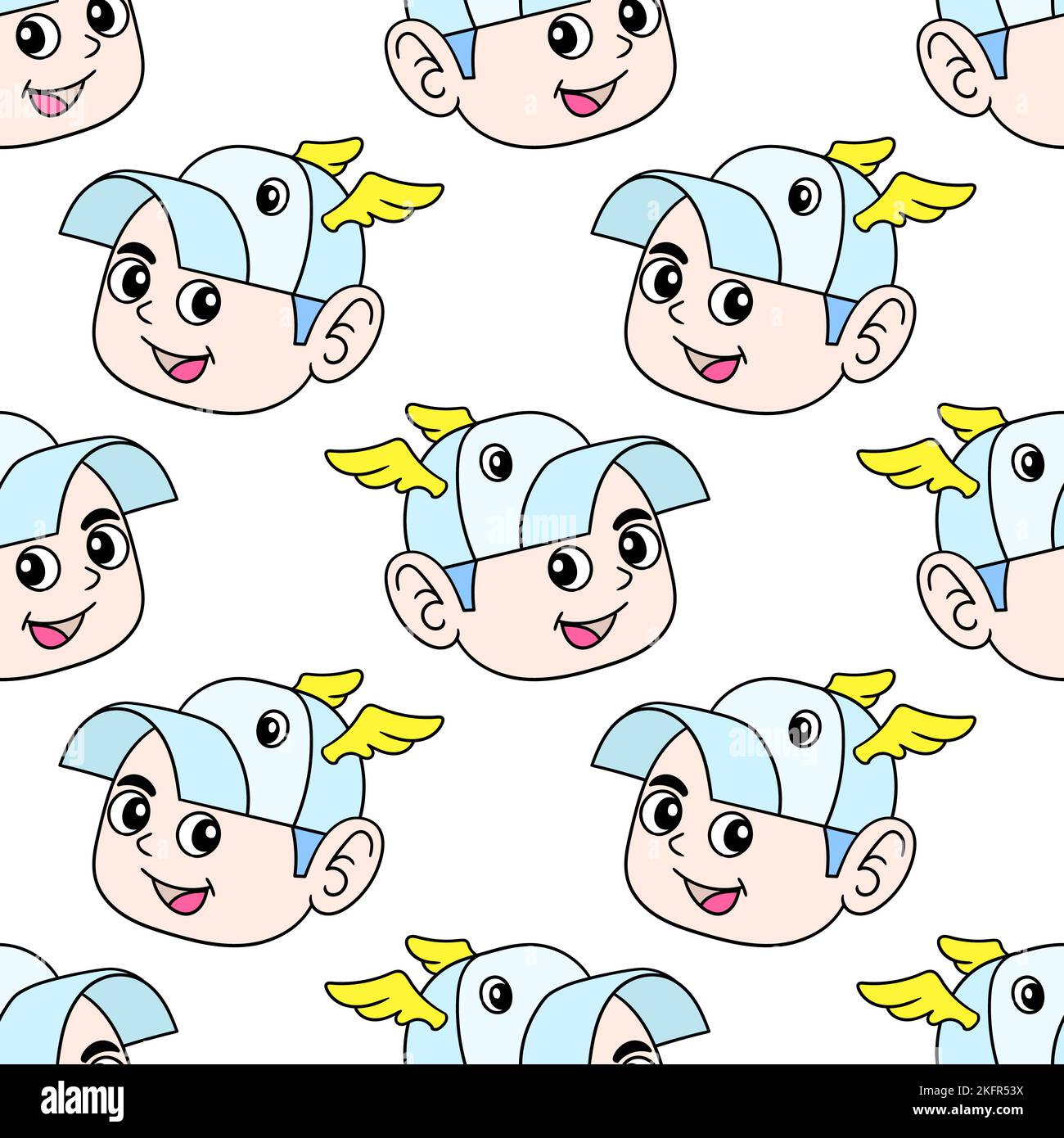 A digital illustration of a seamless pattern of cute boy heads with ...