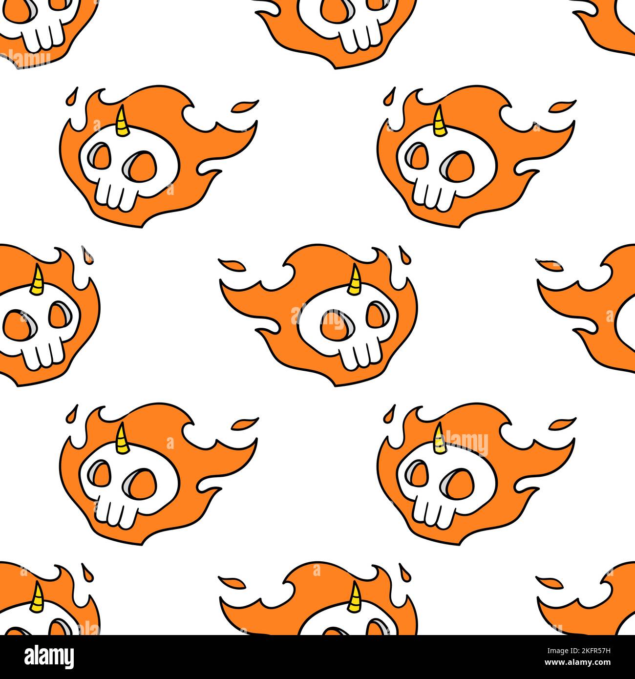 A digital illustration of a seamless pattern of cute orange flaming ...
