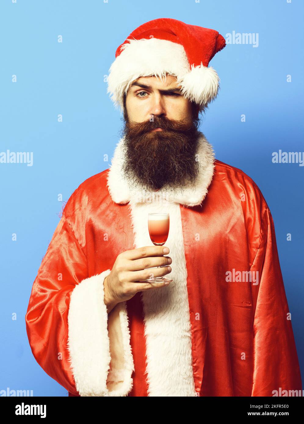 handsome bearded santa claus man with long beard on serious face ...