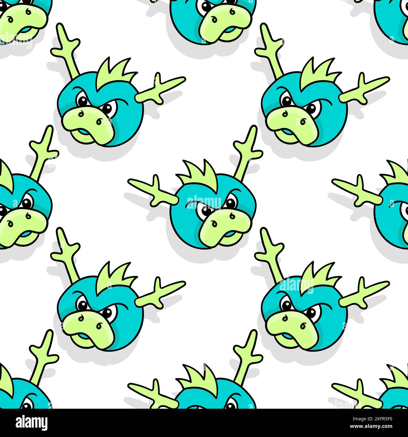 A digital illustration of a seamless pattern of cute angry green blue ...
