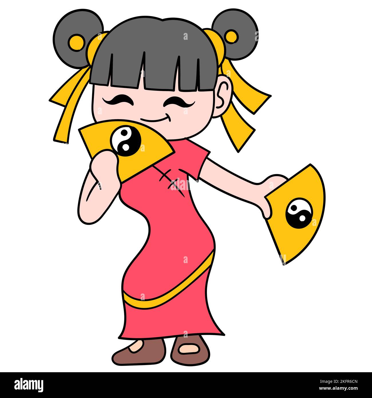 A vector illustration of a cute cartoon Asian female holding fans with ...