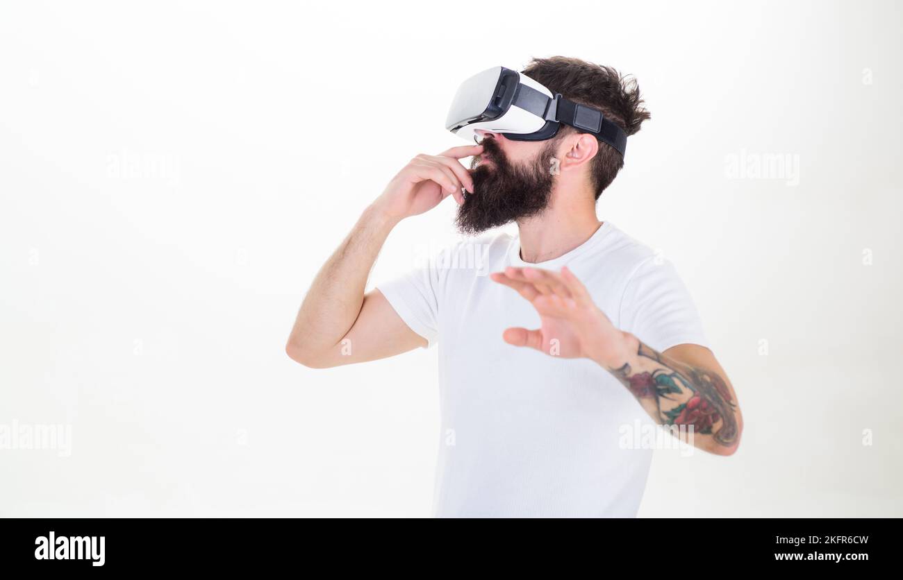 Man bearded hipster VR glasses white background. Interactive surface virtual reality concept ...