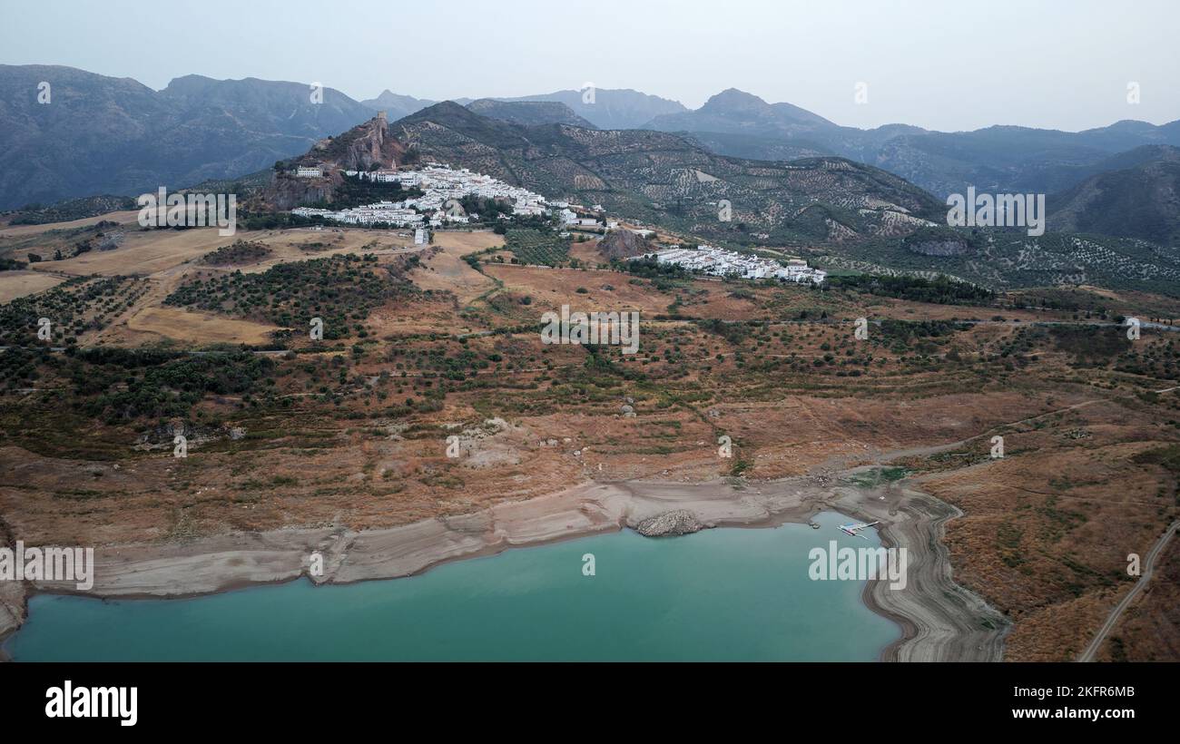 Aerial drone view of Zahara de la Sierra white villages of Andalucia in ...