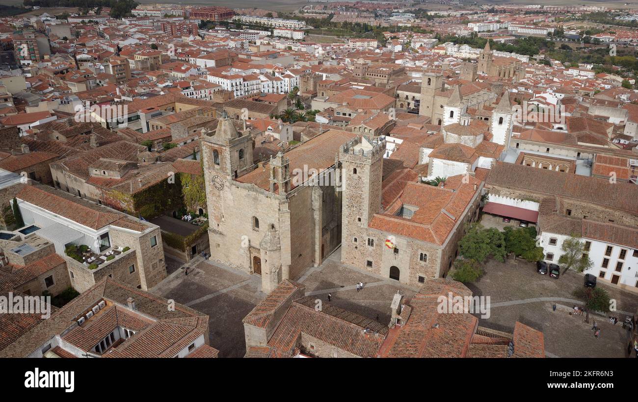Aerial drone view of Caceres, Spain. Old Town. Unesco World Heritage ...